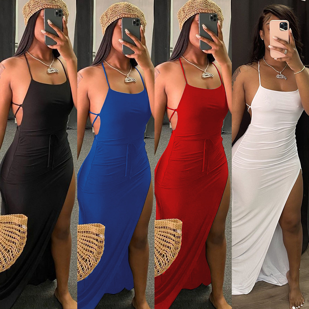 Solid Color Sexy Open Back Split Dress