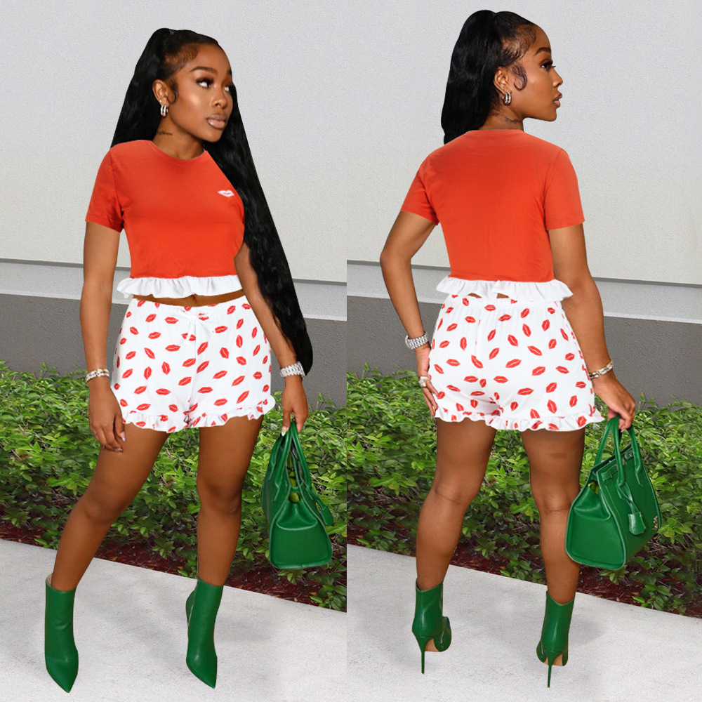 Summer Lip Print Slim Shorts Two-Piece Set