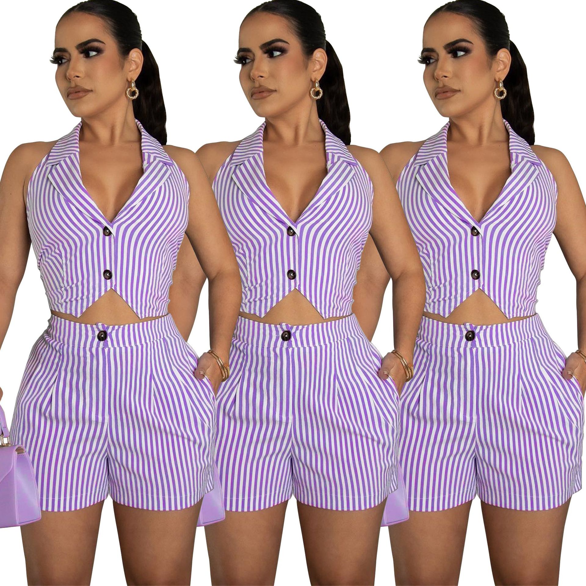Stylish Stripe Print Tie Strap Open Back Vest Set