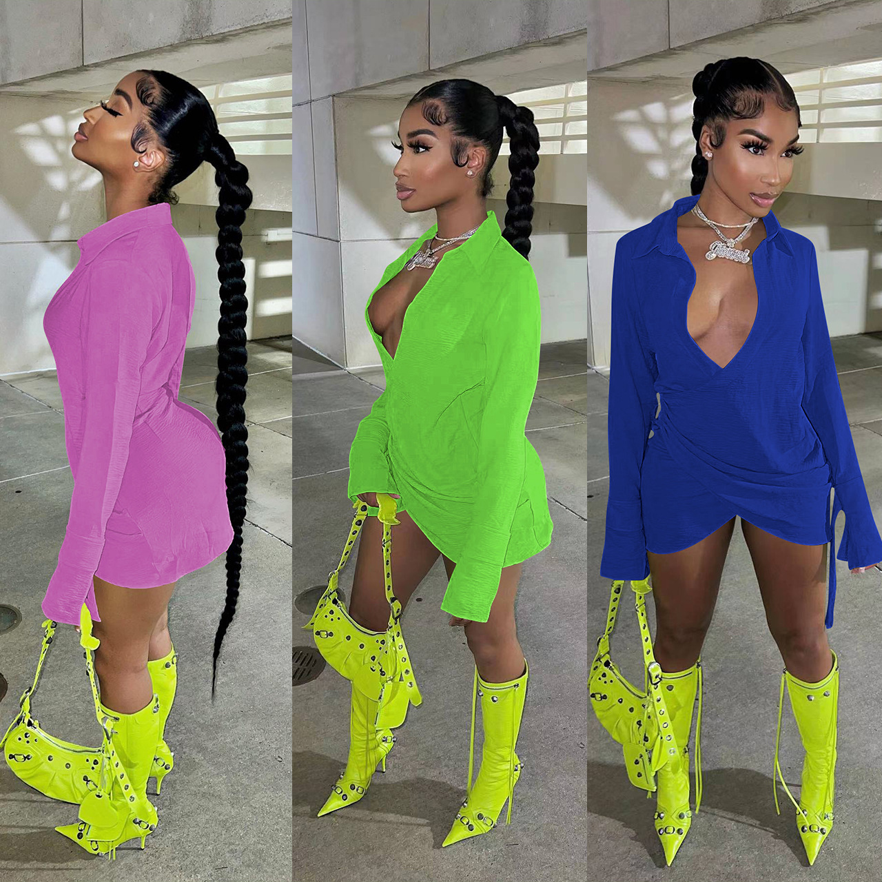 Fashion Cross Solid Color Shirt Dress