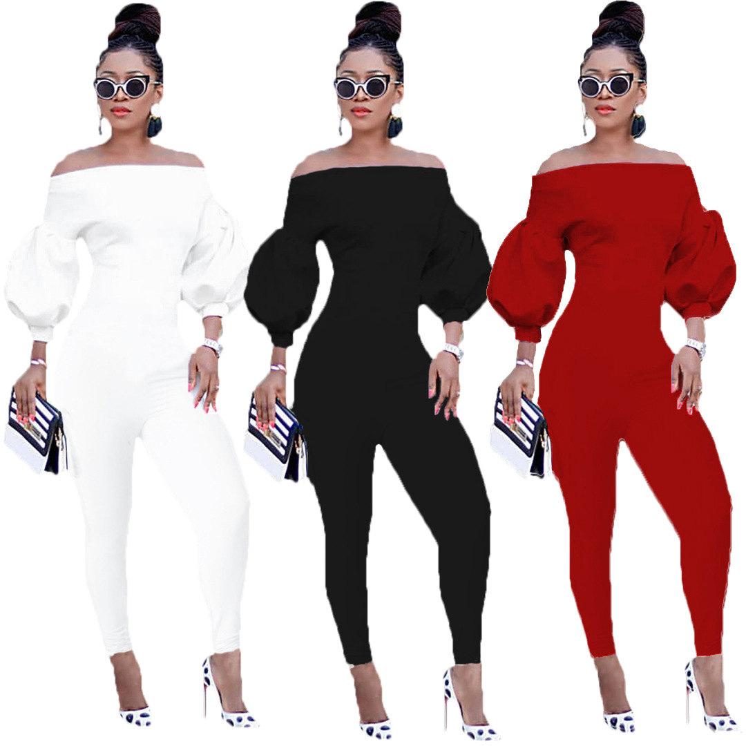 Fashion Flush Shoulder Sexy Lantern Sleeve Jumpsuit