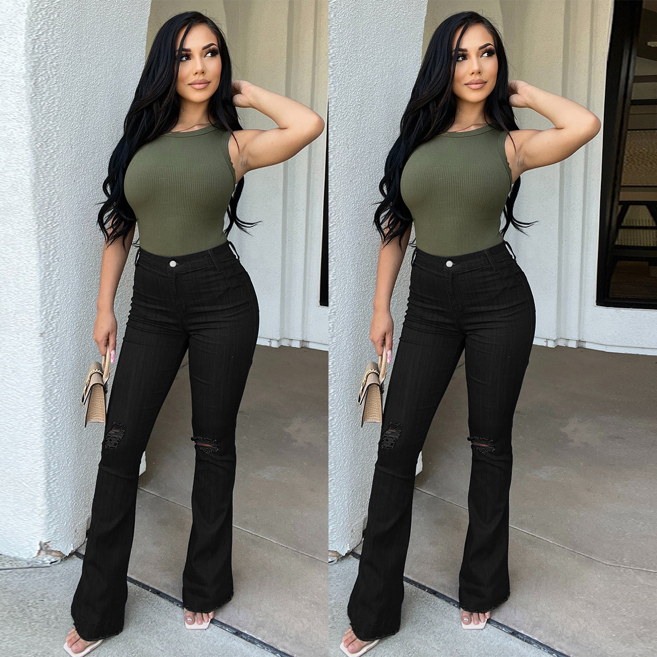 Trendy Personality Ripped Denim Micro-flare Pants