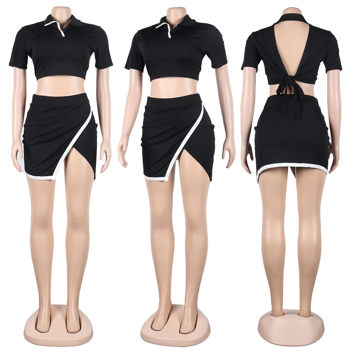 Sexy Slim Lapel Side Open Short Sleeves Two-Piece Set