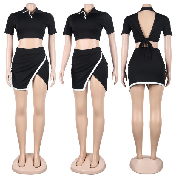 Sexy Slim Lapel Side Open Short Sleeves Two-Piece Set