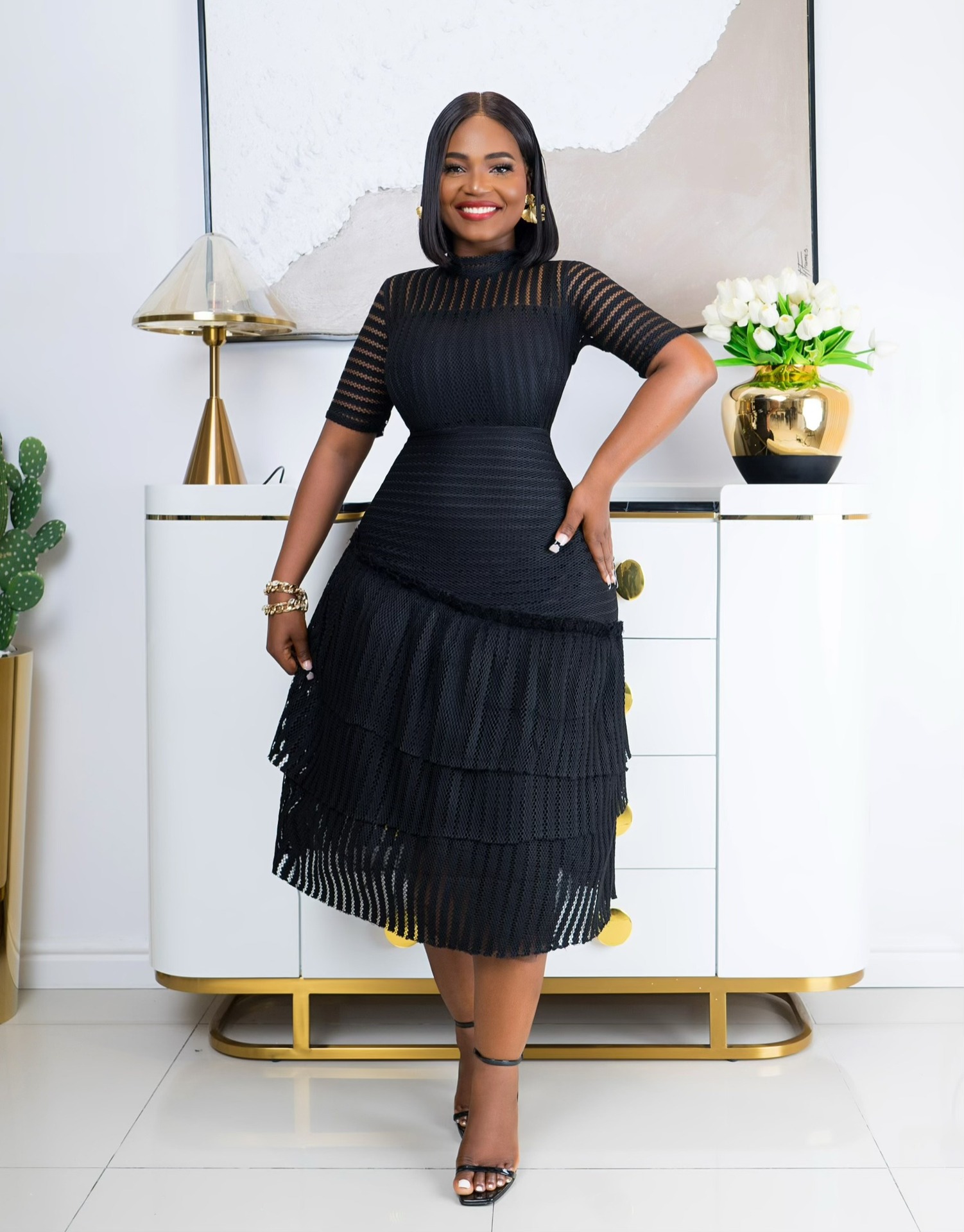 Solid Color Round Neck Sexy Mesh Dress