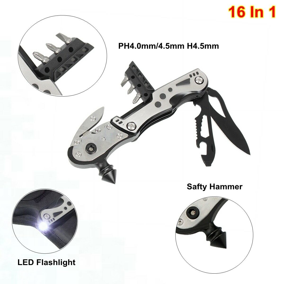 16 In 1 Multifunction Tool Emergency Safety Hammer Wire Cutter LED Light