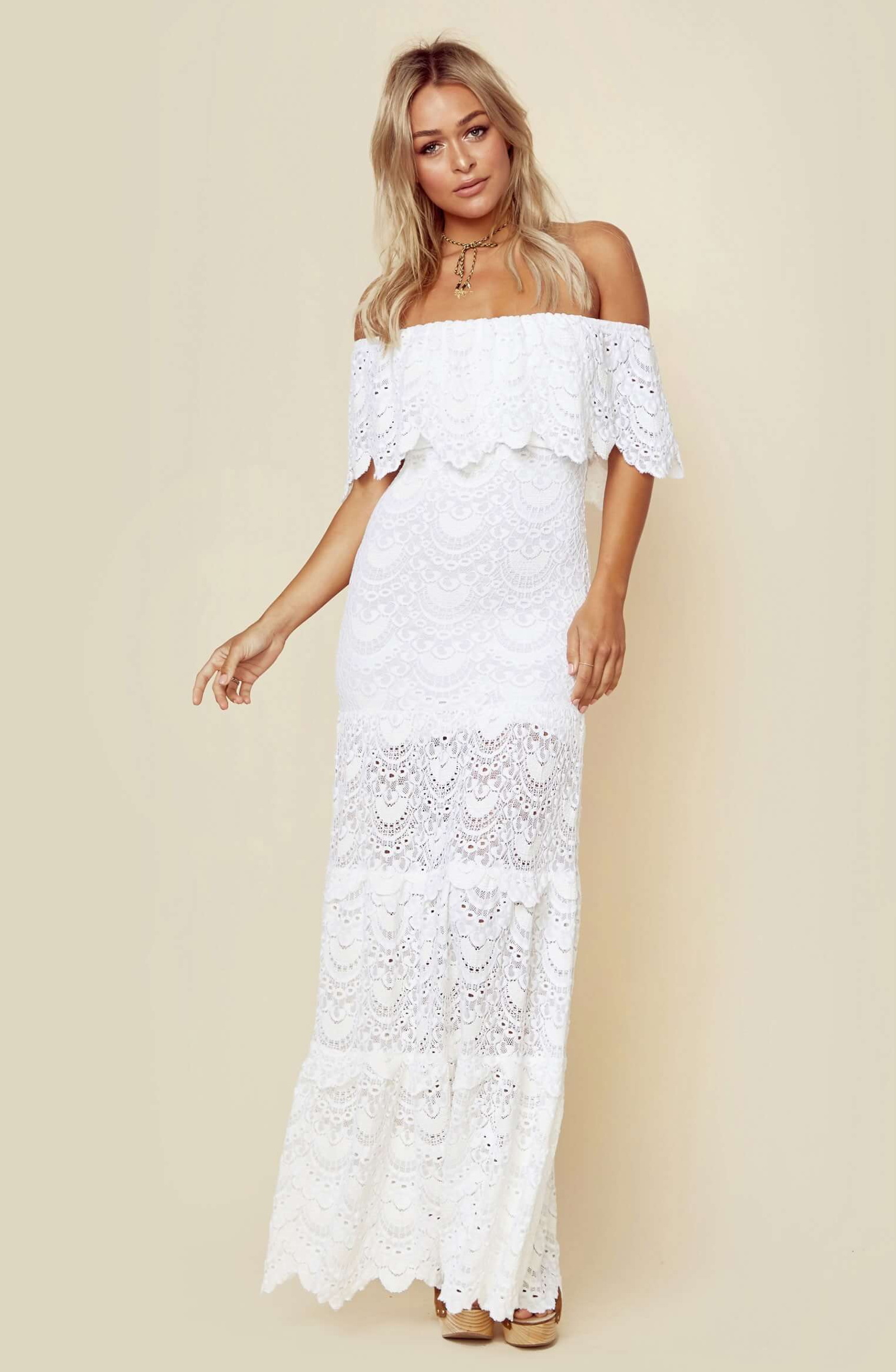 Hollow Out White Lace Off Shoulder Wedding Dress