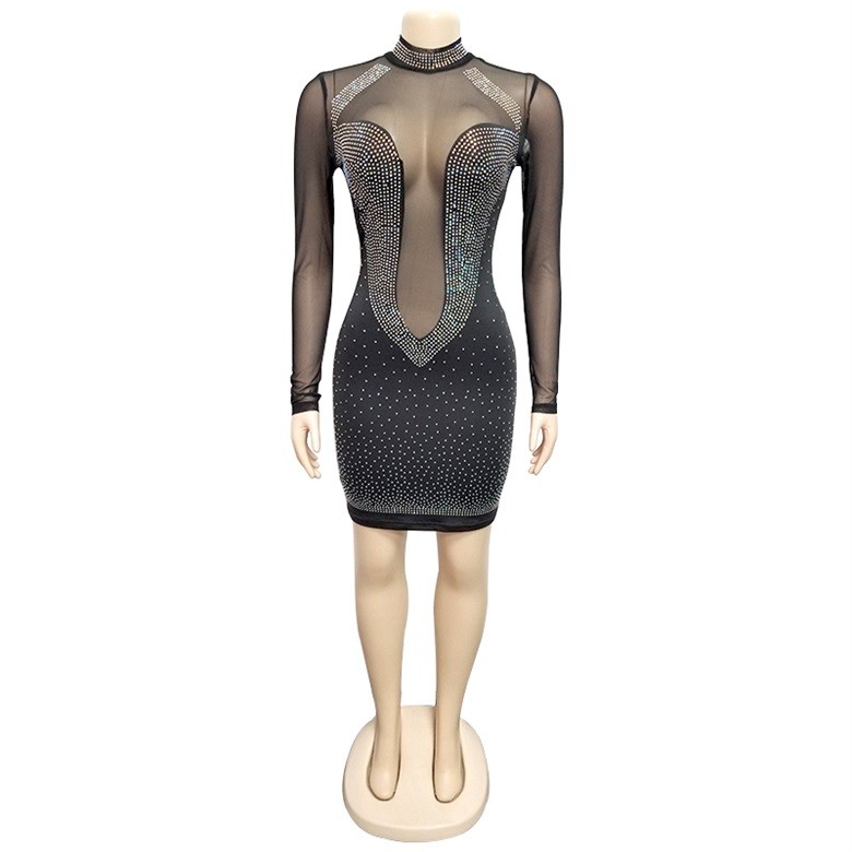 Rhinestone Black High Neck Mesh Splice Bodycon Dress US$ 13.21 - www ...