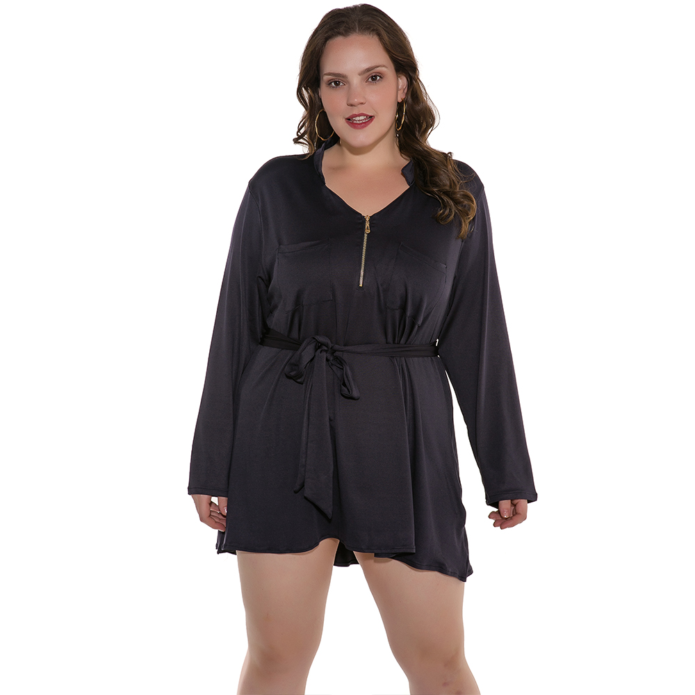 Black Long Sleeve Zip Front Belted Short Plus Size Dress US$ 8.59 - www ...