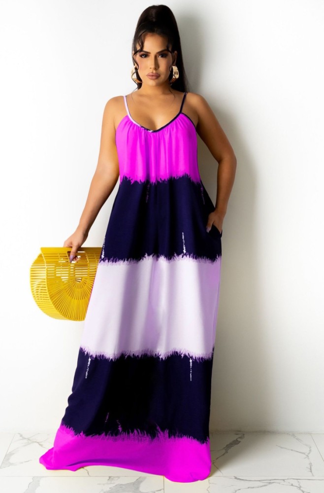 Plus Size Pink Color Block Strap Maxi Dress US$ 9.48 - www.lover-pretty.com