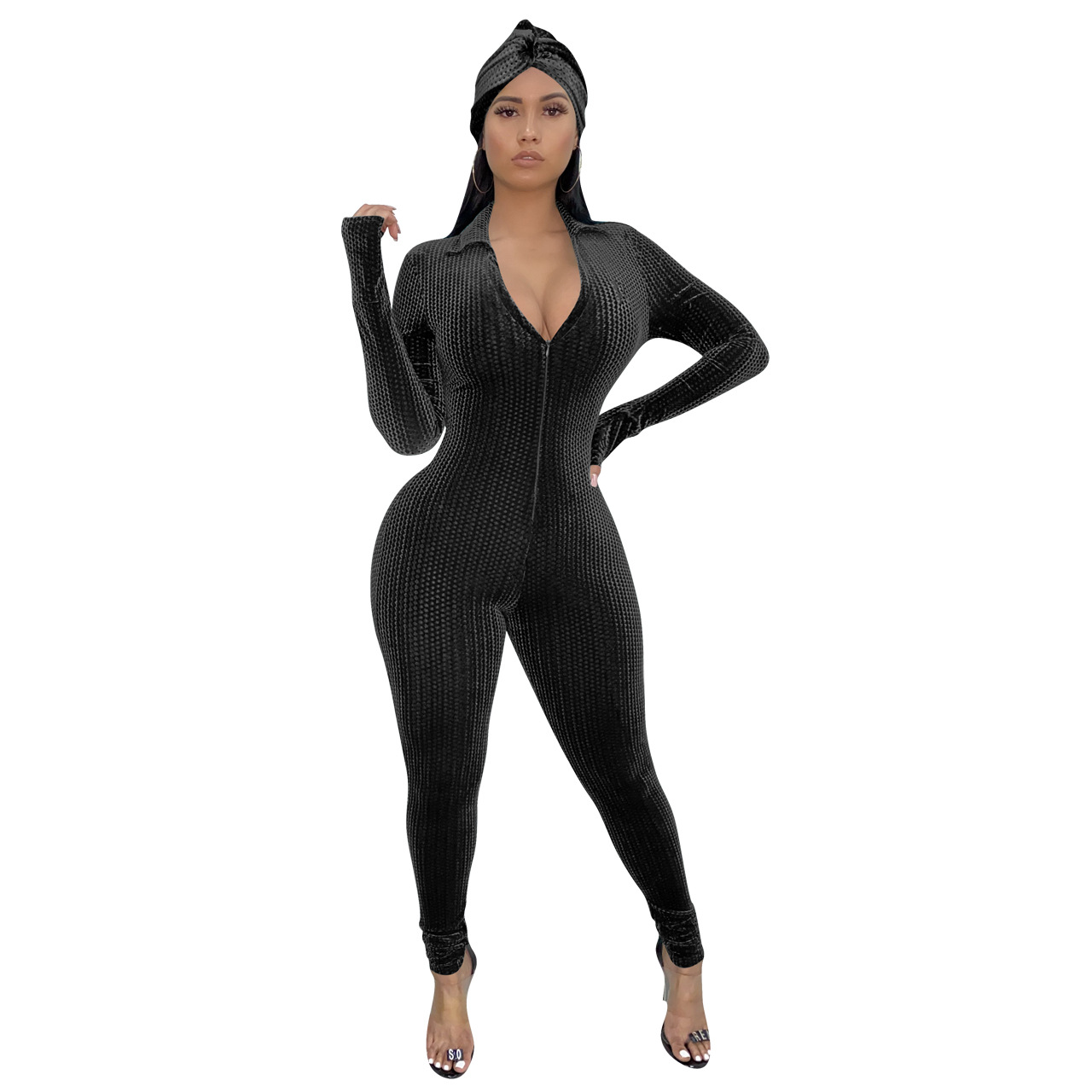 Velvet Solid Black Zip Up Bodycon Jumpsuit US$ 8.63 - www.lover-pretty.com