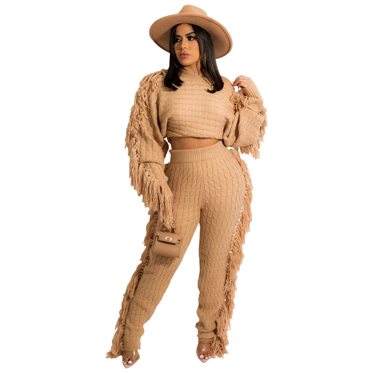 Burgundy Knitted Tassel Sweater Two Piece Set US$ 17.25 - www.lover ...
