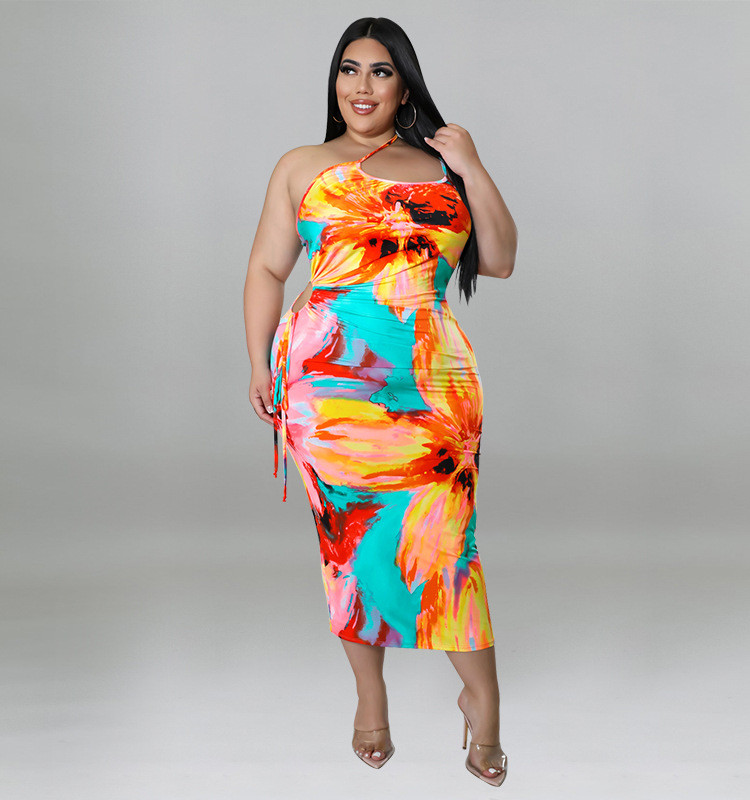 Sexy Plus Size Floral Print One Shoulder Cutout Bodycon Long Dress US ...