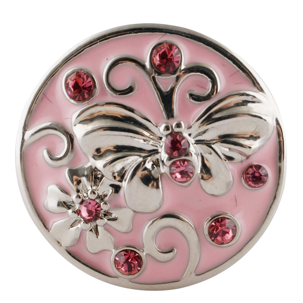 20MM Butterfly snap silver Plated with pink Rhinestones and enamel ...