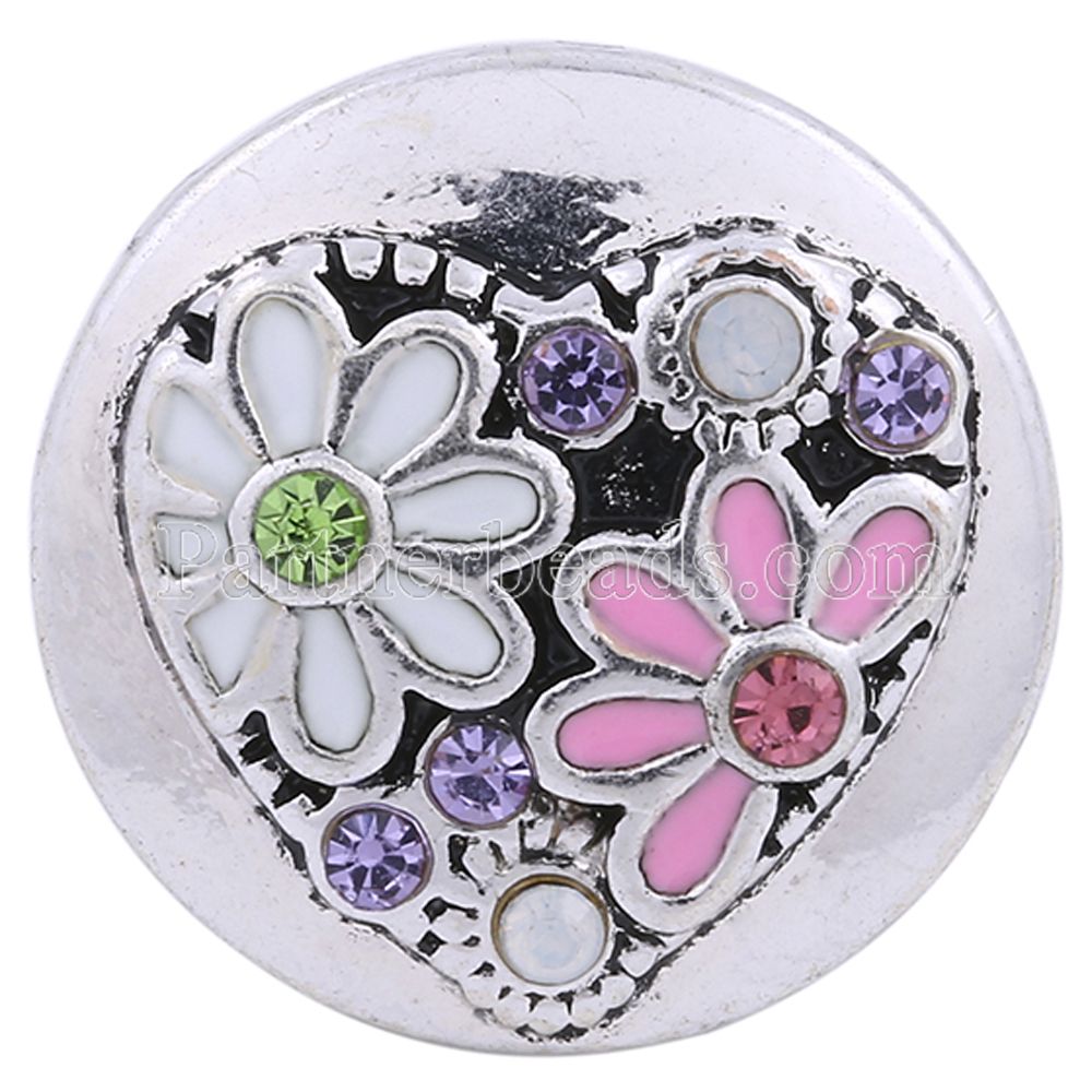 20MM flower snap silver plated with colorful rhinestones and Enamel ...