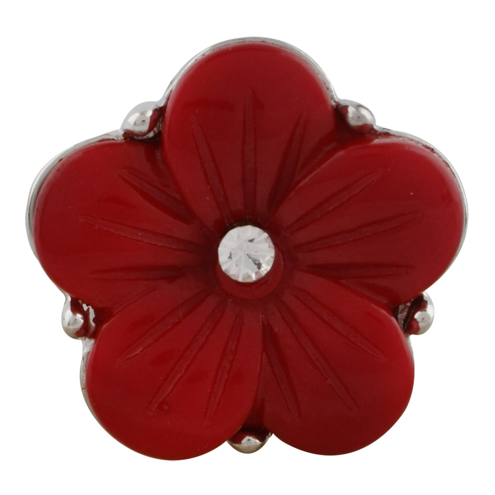 20MM Flower snap Silver Plated with red Acrylic and white rhinestone ...