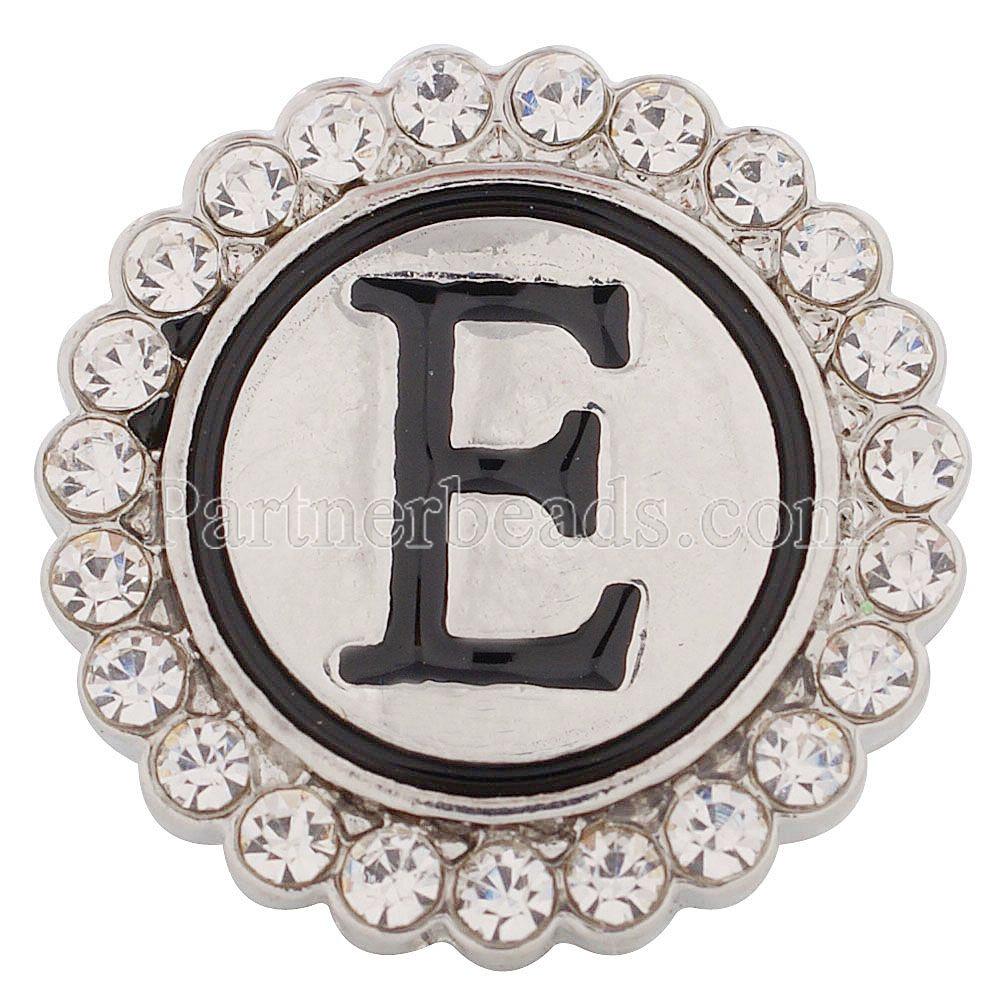 20MM English alphabet-E snap Antique silver plated with Rhinestones ...