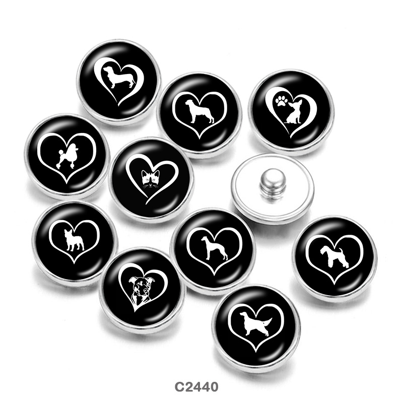 20MM love Dog Black and white Cat Print glass snaps buttons