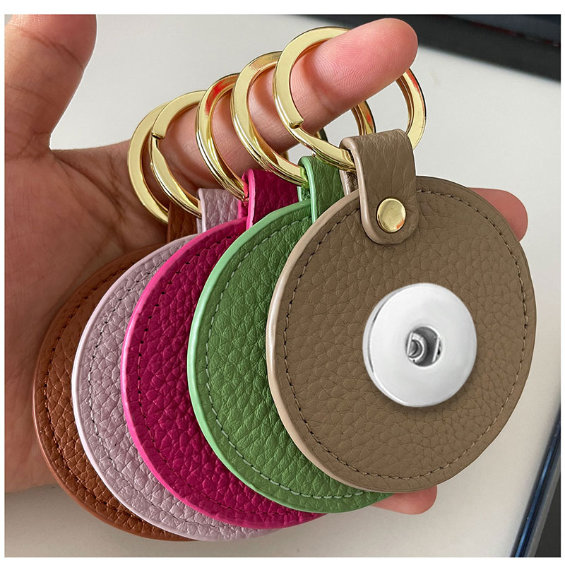 Genuine Leather Litchi Pattern Round Keychain Multicolor fit 18mm snap ...