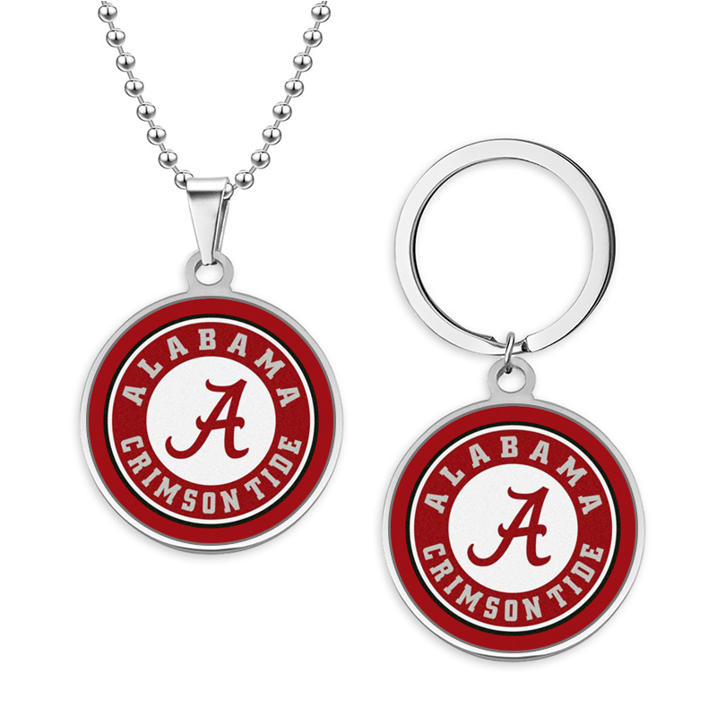 Stainless steel NCAA sports team necklace keychain set