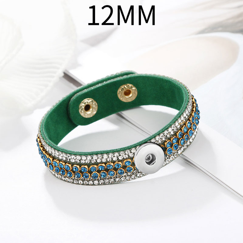Diamond inlaid colored leather bracelet fit 12MM Snaps button jewelry ...