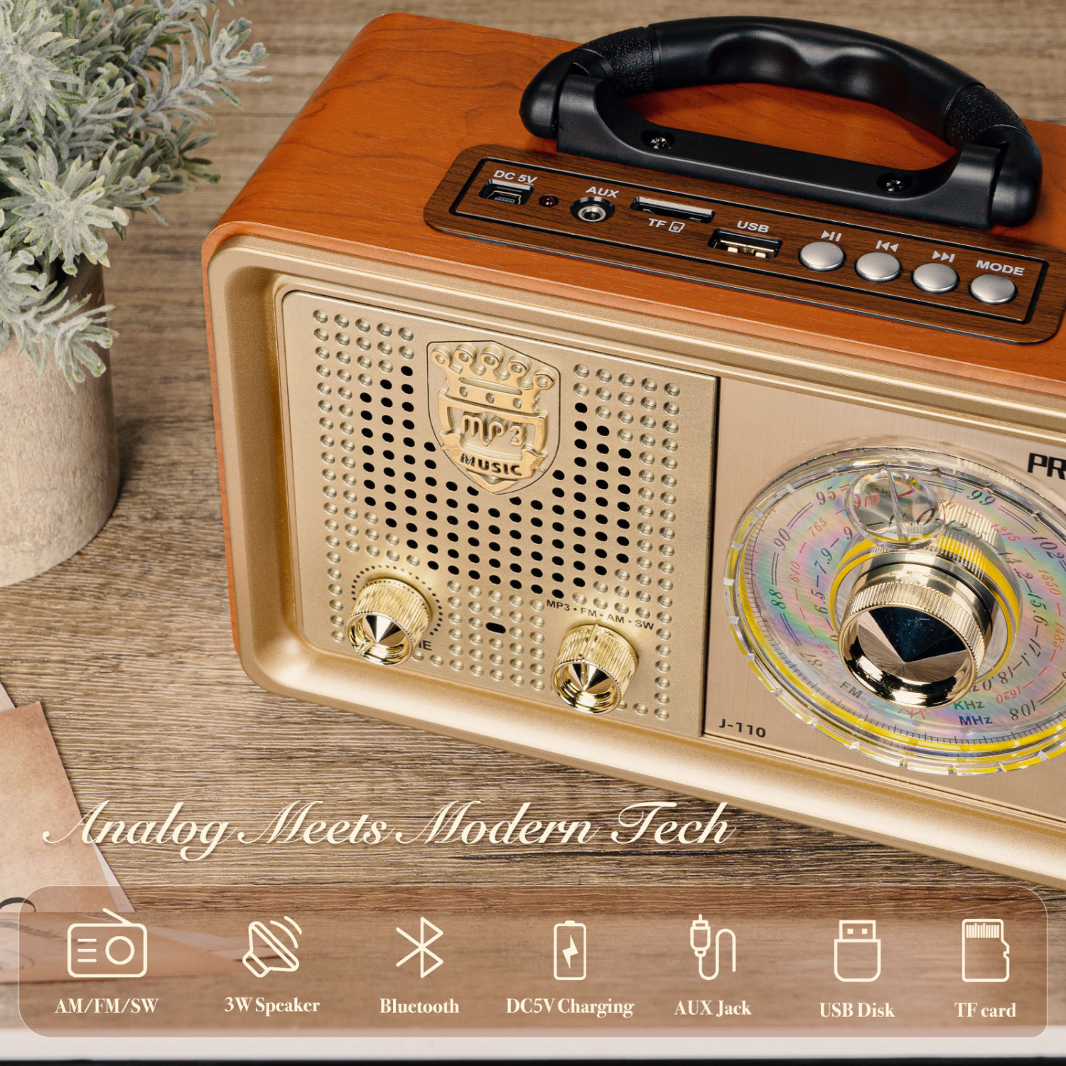 PRUNUS J-110 AM FM Shortwave Radio Portable Transistor Radio with Vintage Style, Battery Powered ...
