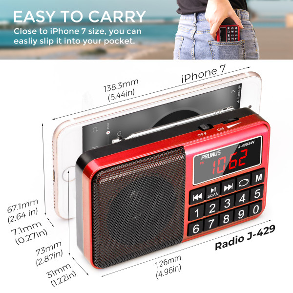 PRUNUS J-429SW Portable Radios Small AM/FM/SW, Rechargeable Radio with AUX/SD/TF/MP3 Speaker.