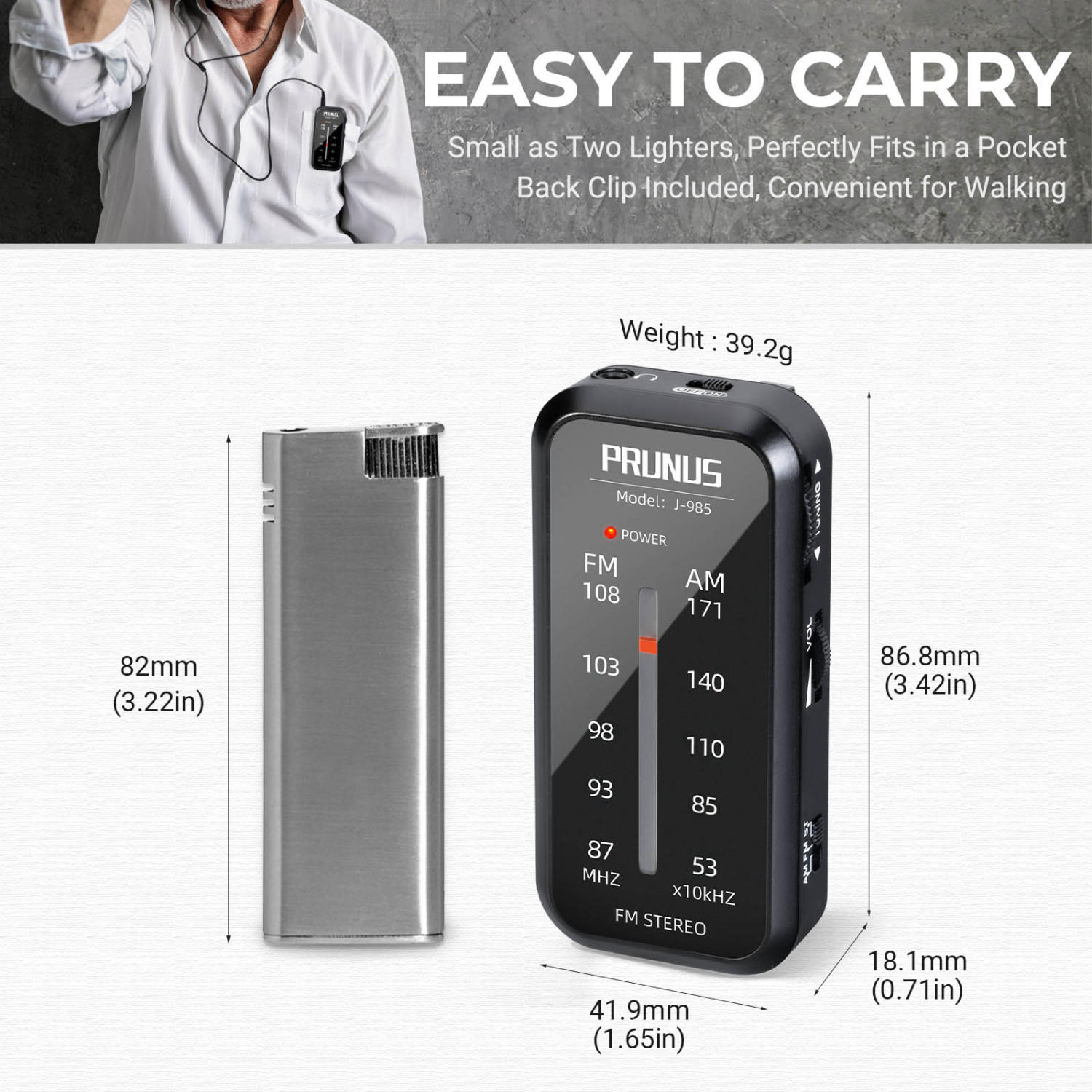 PRUNUS J-985 Pocket Radio Portable, AM FM Small Radio with Headphones ...