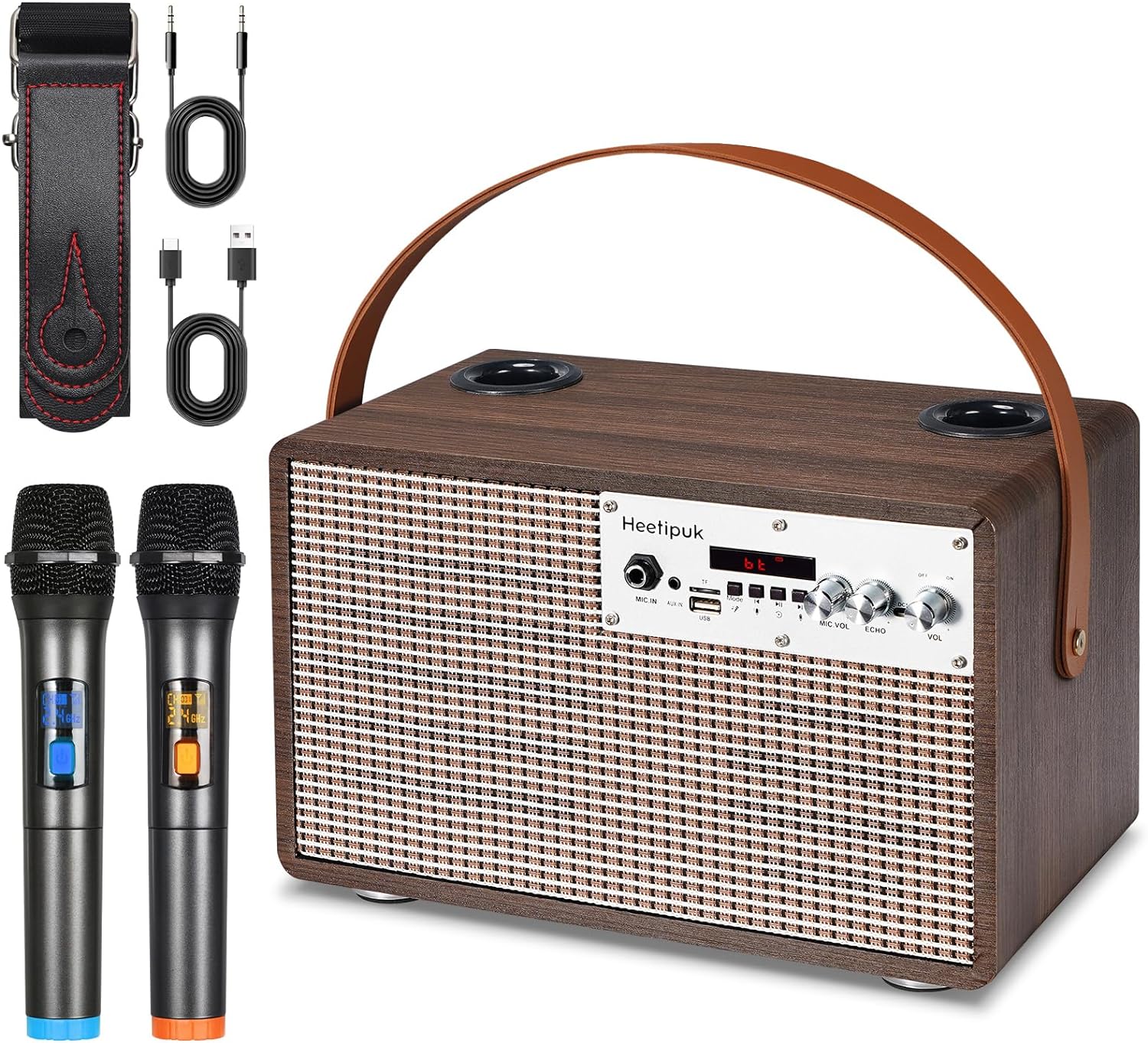 Heetipuk K3 Wooden Karaoke Machine, Portable Retro Bluetooth Speaker ...