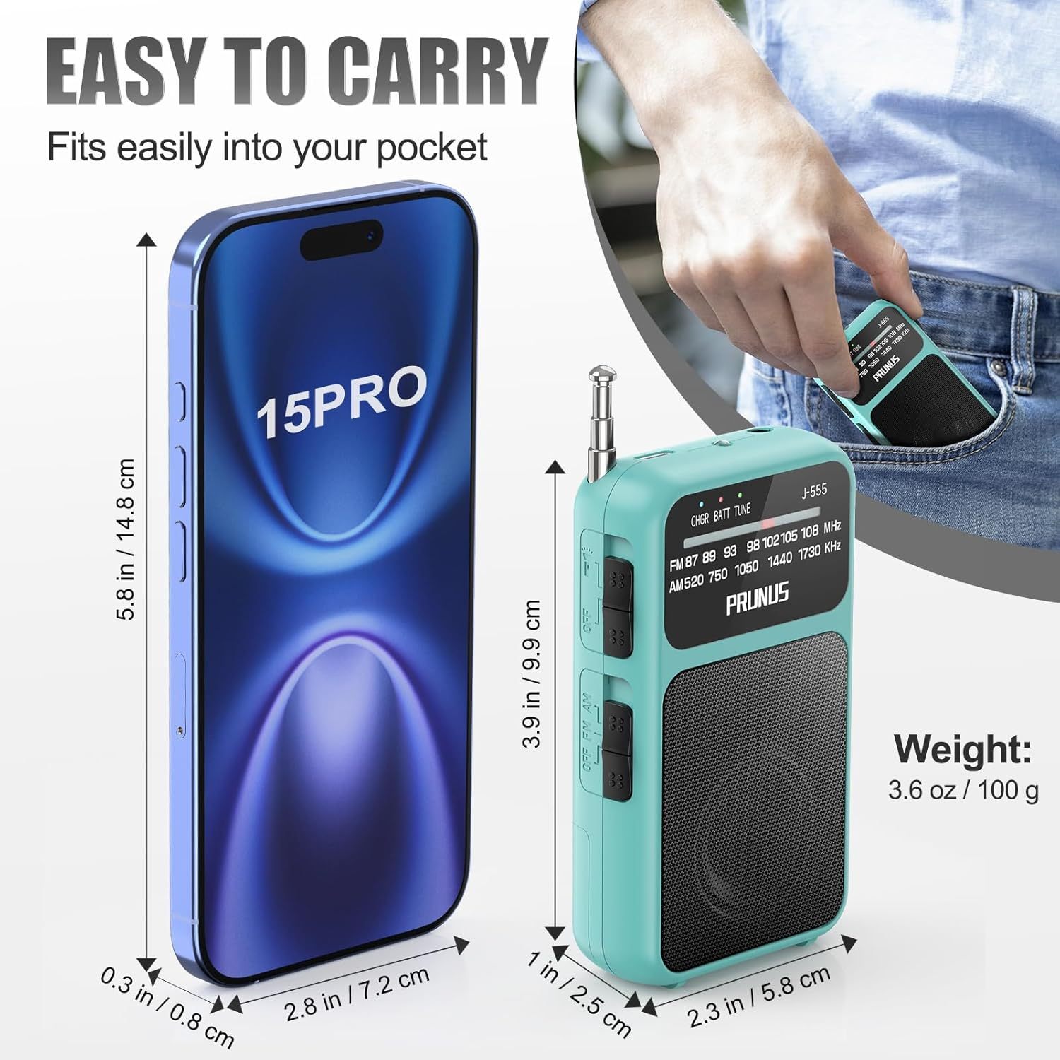 PRUNUS J-555 Portable Radio AM FM Battery Operated/USB-C Charging ...