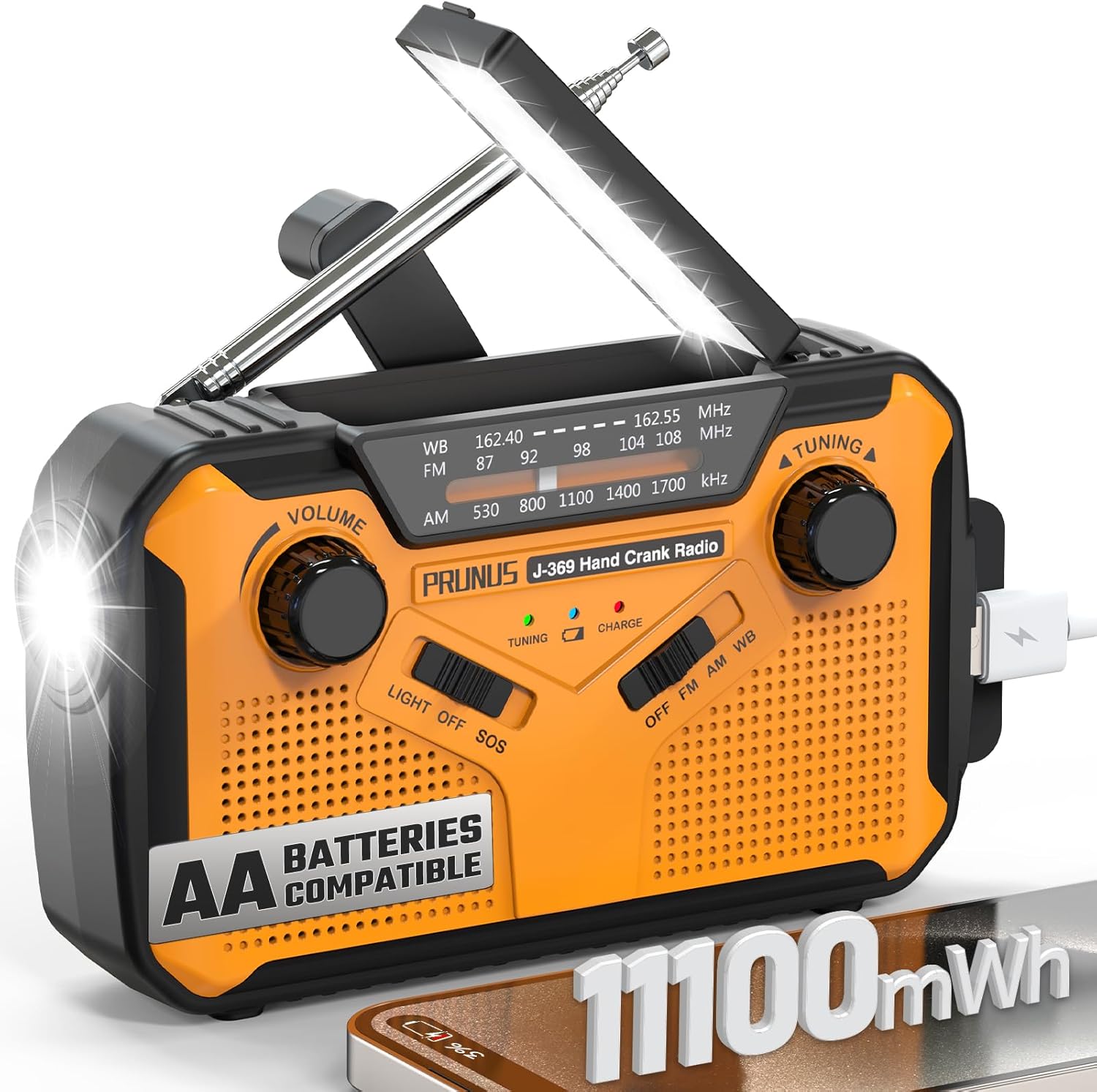 PRUNUS J-369 11100mWh Emergency Weather Radio, AA Batteries/Hand Crank ...