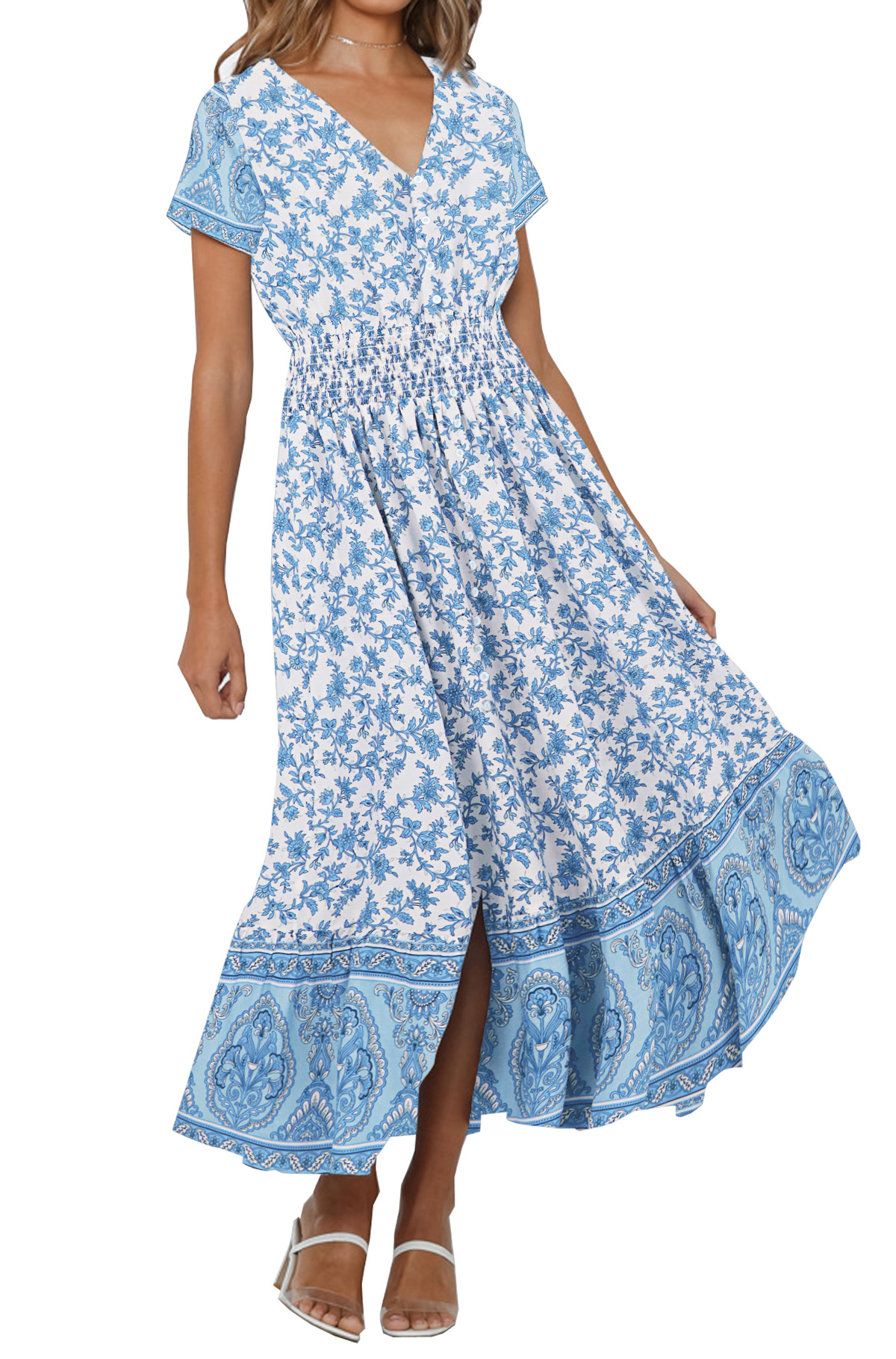 US$ 27.99 - R.Vivimos Women's Summer Short Sleeve Cotton Print Button Up Bohemian Midi Dress ...