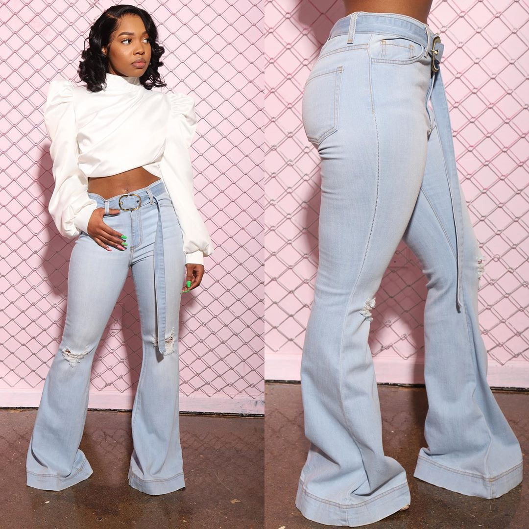 Dear-Fashion | Denim Ripped Belted Flared Jeans LSD-9054 with Wholesale ...