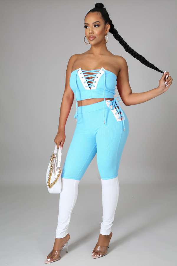 Dear-Fashion | Sexy Lace Up Tube Top And Pants 2 Piece Sets HM-6509 ...