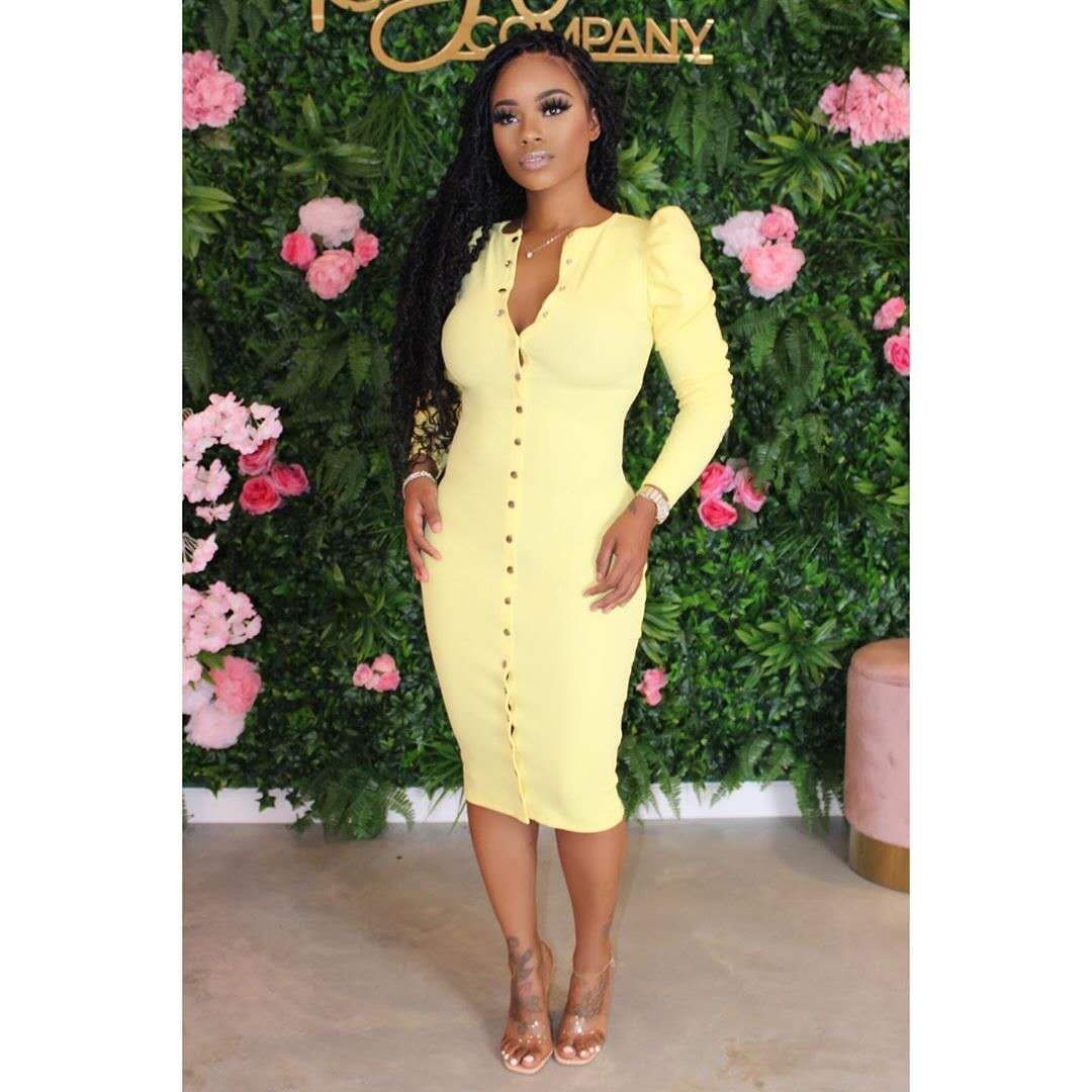 Dear-Fashion | Solid Puff Sleeeve Buttons Slim Midi Dress BGN-059 with ...