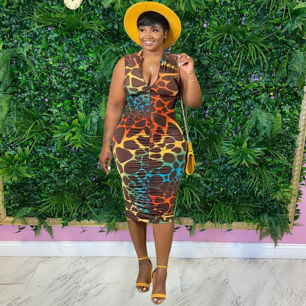 Dear-Fashion | Wholesale Plus Size Print Zipper Ruched Midi Dress WAF ...