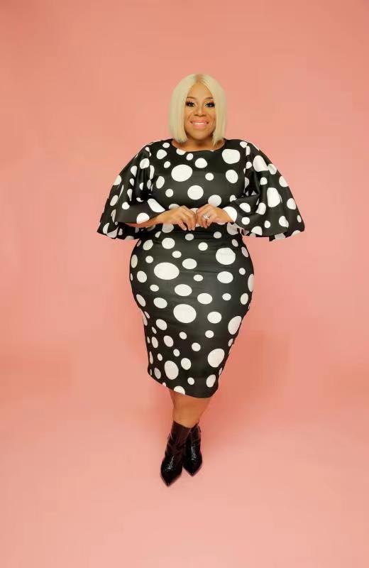 Dear Fashion Plus Size Polka Dot Print Flare Sleeve Midi Dress Gdny