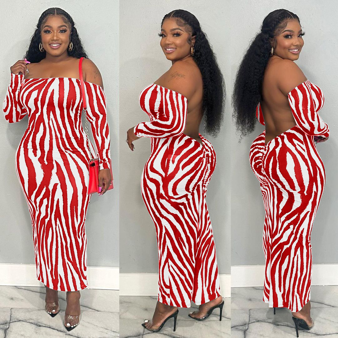 Dear-Fashion | Wholesale Stripe Print Backless Long Sleeve Maxi Dress ...