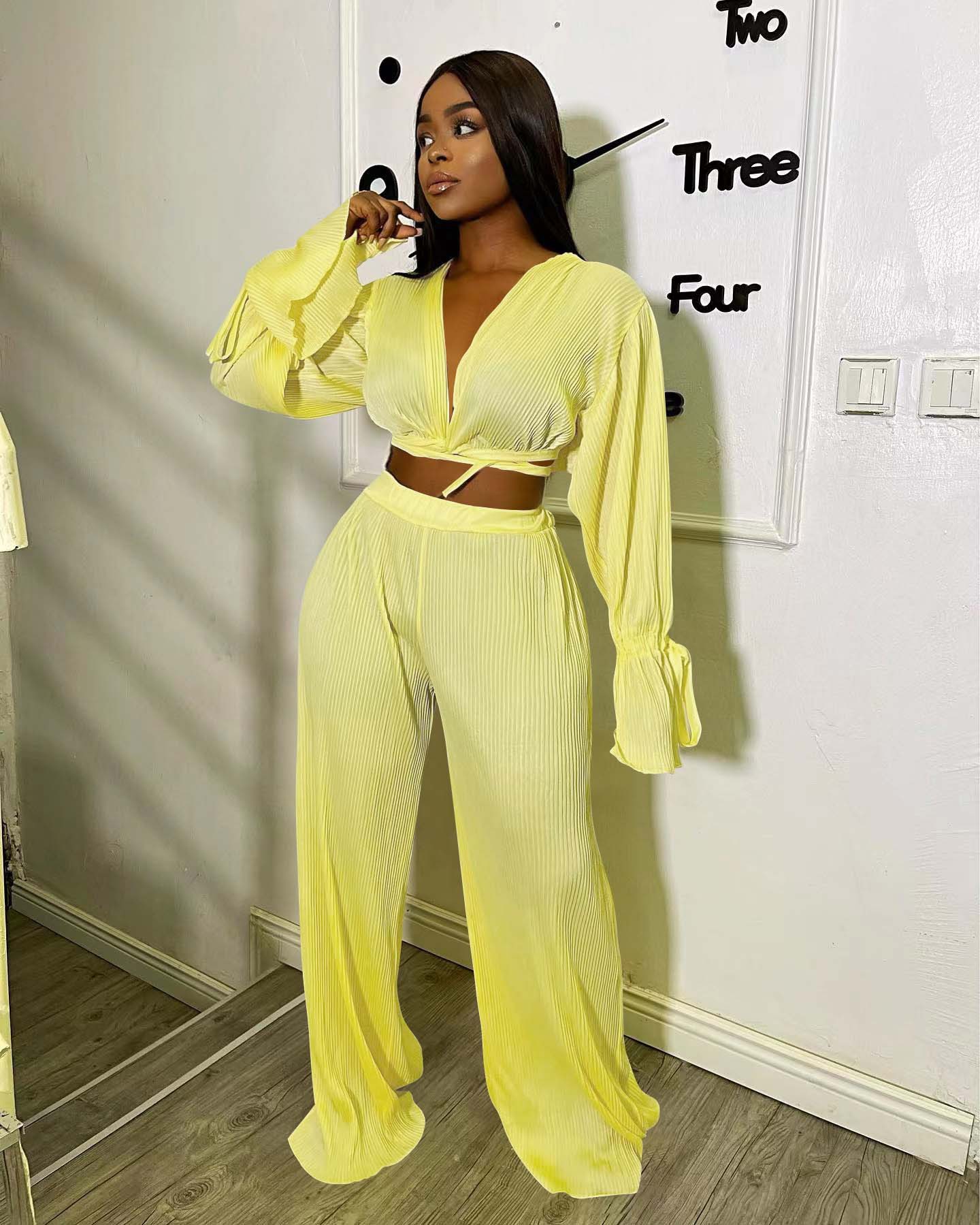 Dear-Fashion | Solid Color Tie Up Crop Tops And Pants Two Piece Set ...