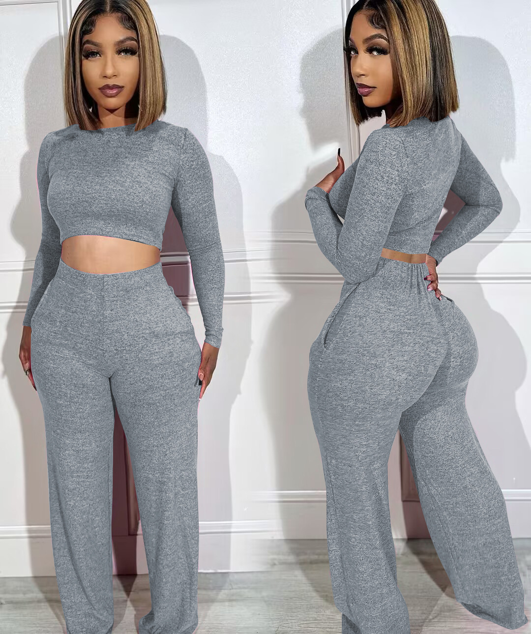 Dear-Fashion | Wholesale Fashion Long Sleeve Crop Tops And Pants Two ...