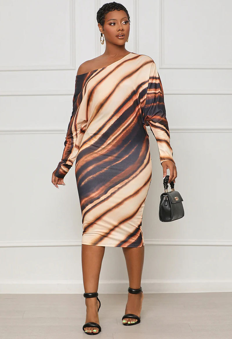 Dear Fashion Wholesale Fashion Long Sleeve Print Slash Neck Midi