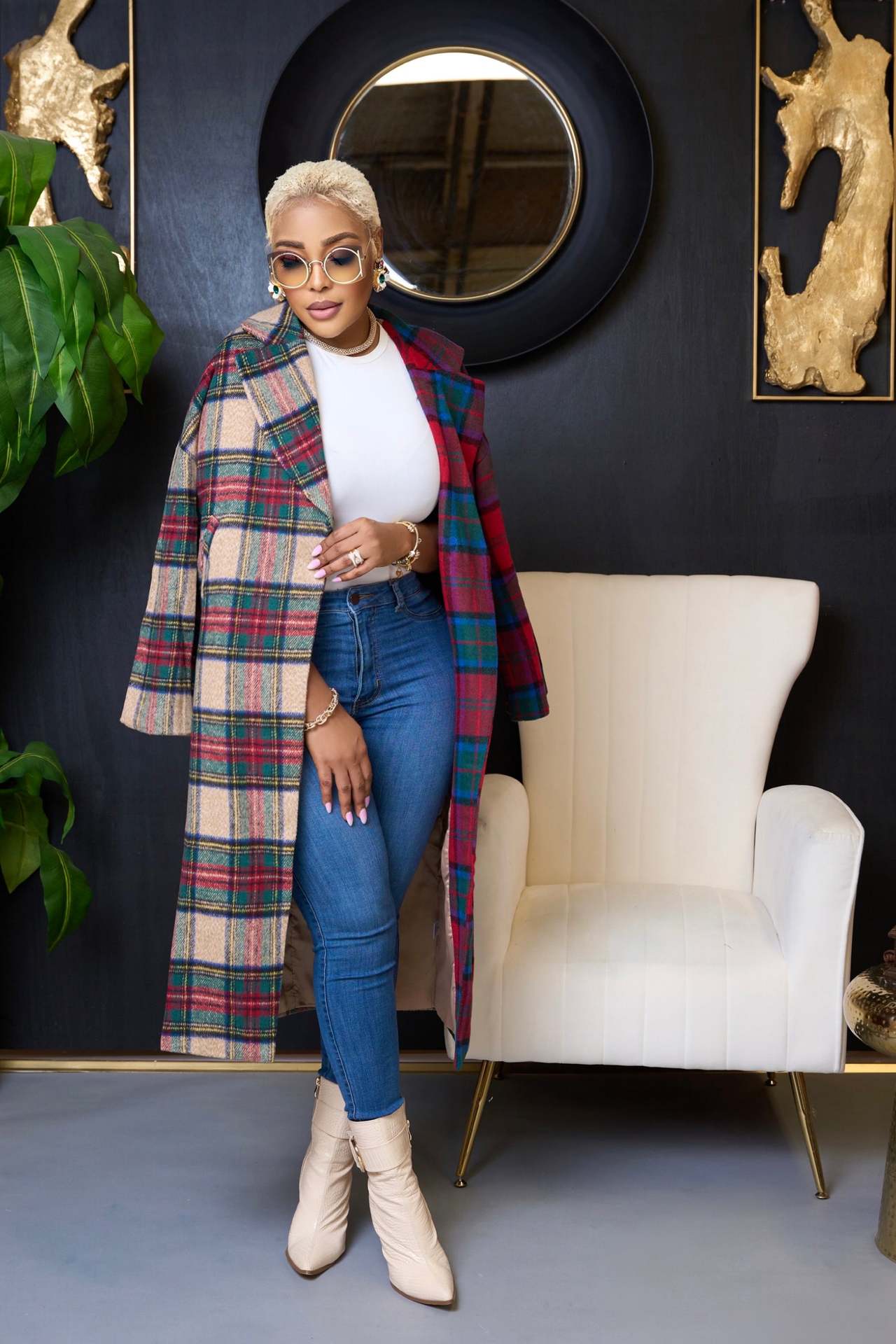 Dear-Fashion | Wholesale Plaid Color Blocking Long Sleeve Long Coat ZDF ...