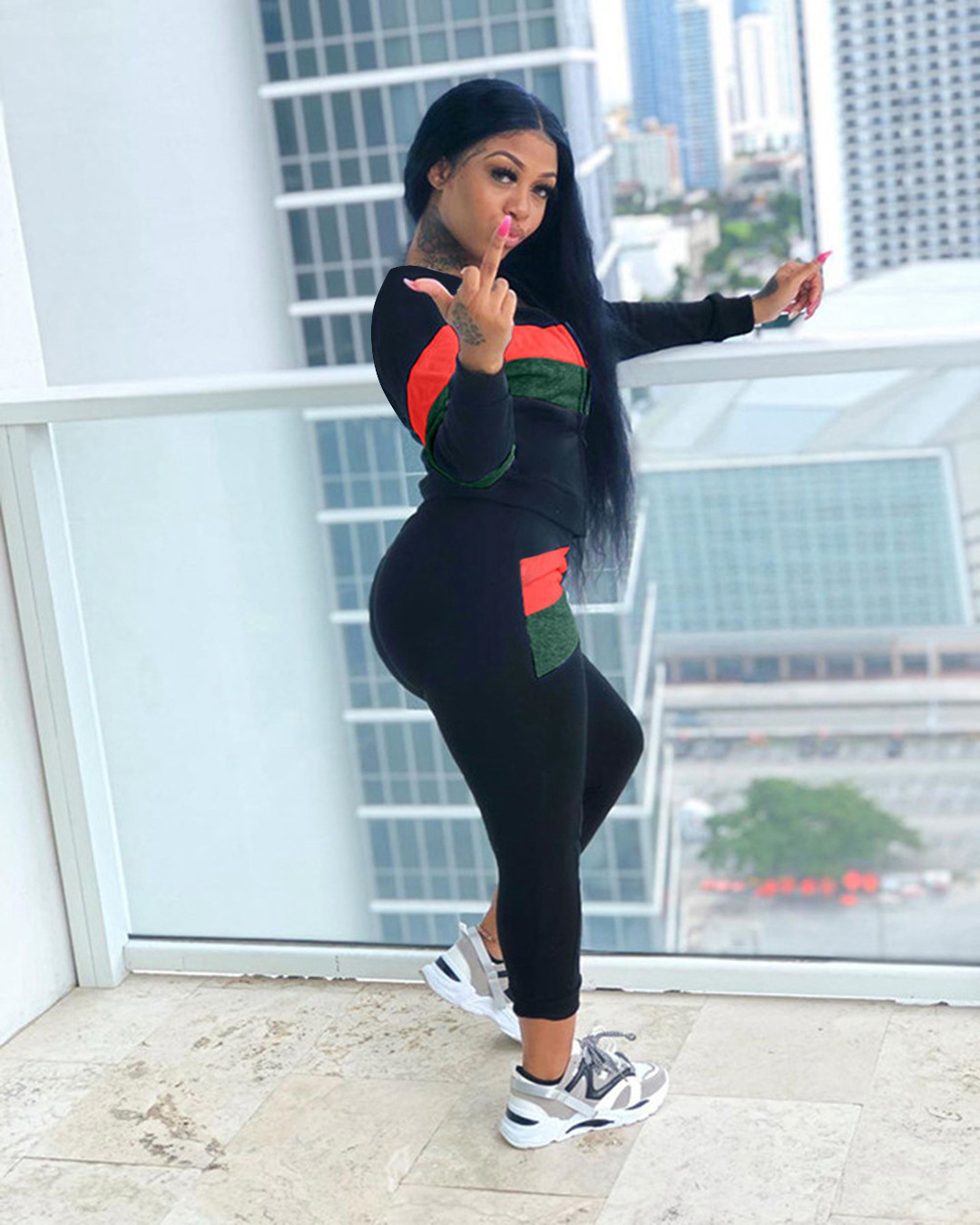 Dear-Fashion | Wholesale Long Sleeve Color Block Tops And Pant 2 Piece ...