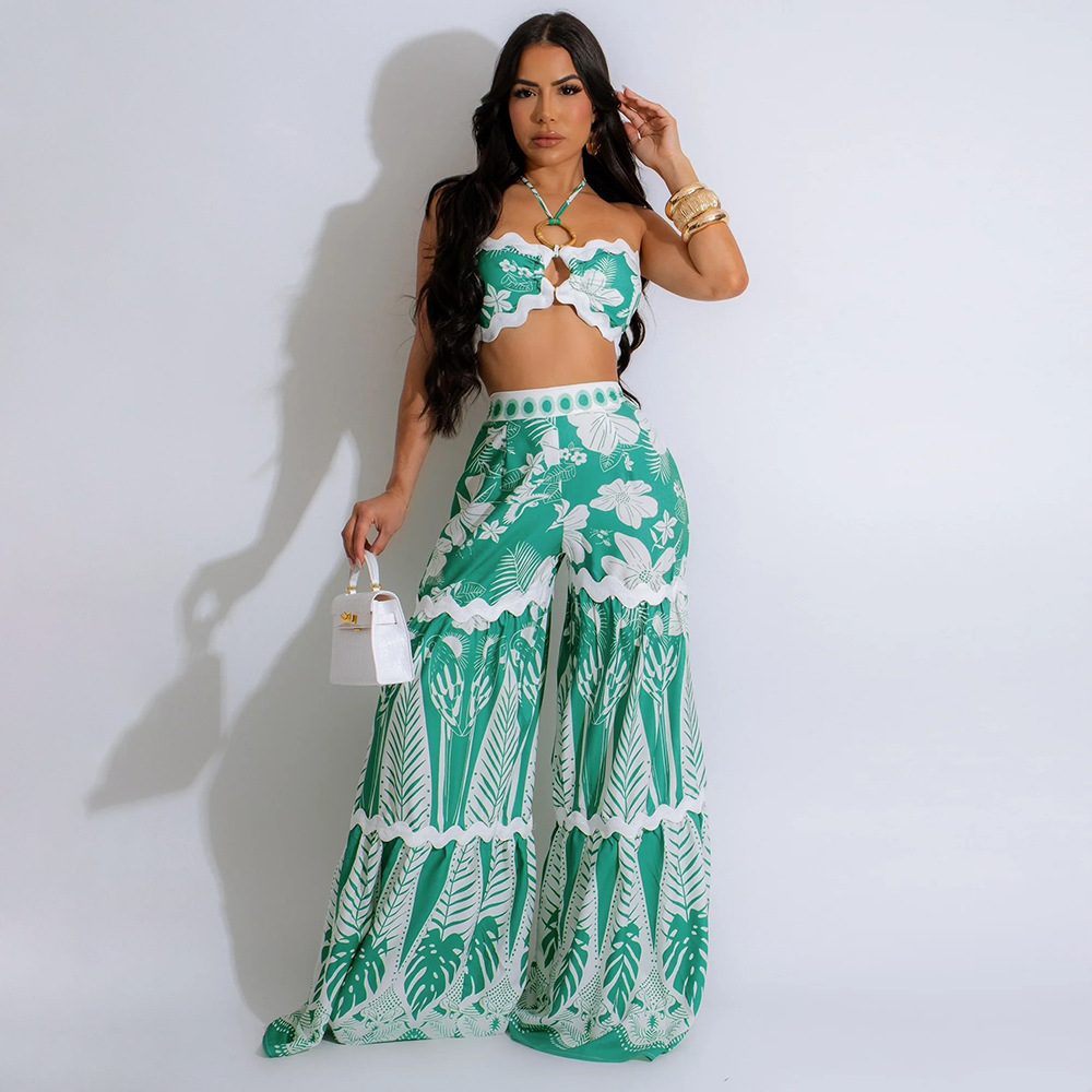 Dear-Fashion | Wholesale Print Lace-Up Bustier Top Loose Wide-Leg Pants ...