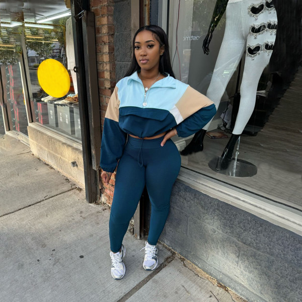 Dear-Fashion | Wholesale Color Block Zipper Sweatshirt Tight Pants Suit ...