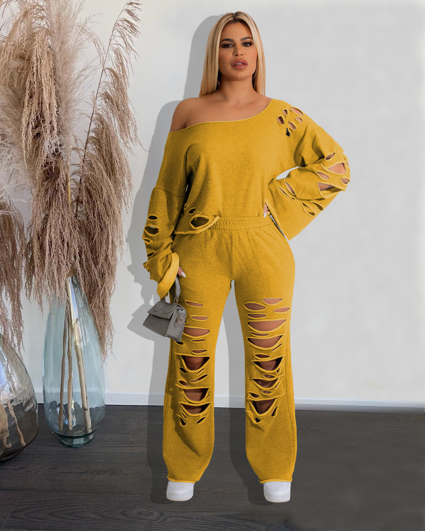 EVE | Wholesale EVE Solid Color Flare Sleeve Holes Two Piece Pant Set ...