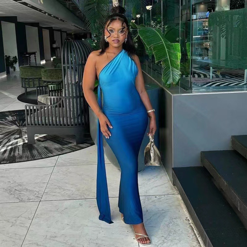 EVE | Wholesale EVE Sleeveless Slant Shoulder Gradient Color Sexy Dress ...