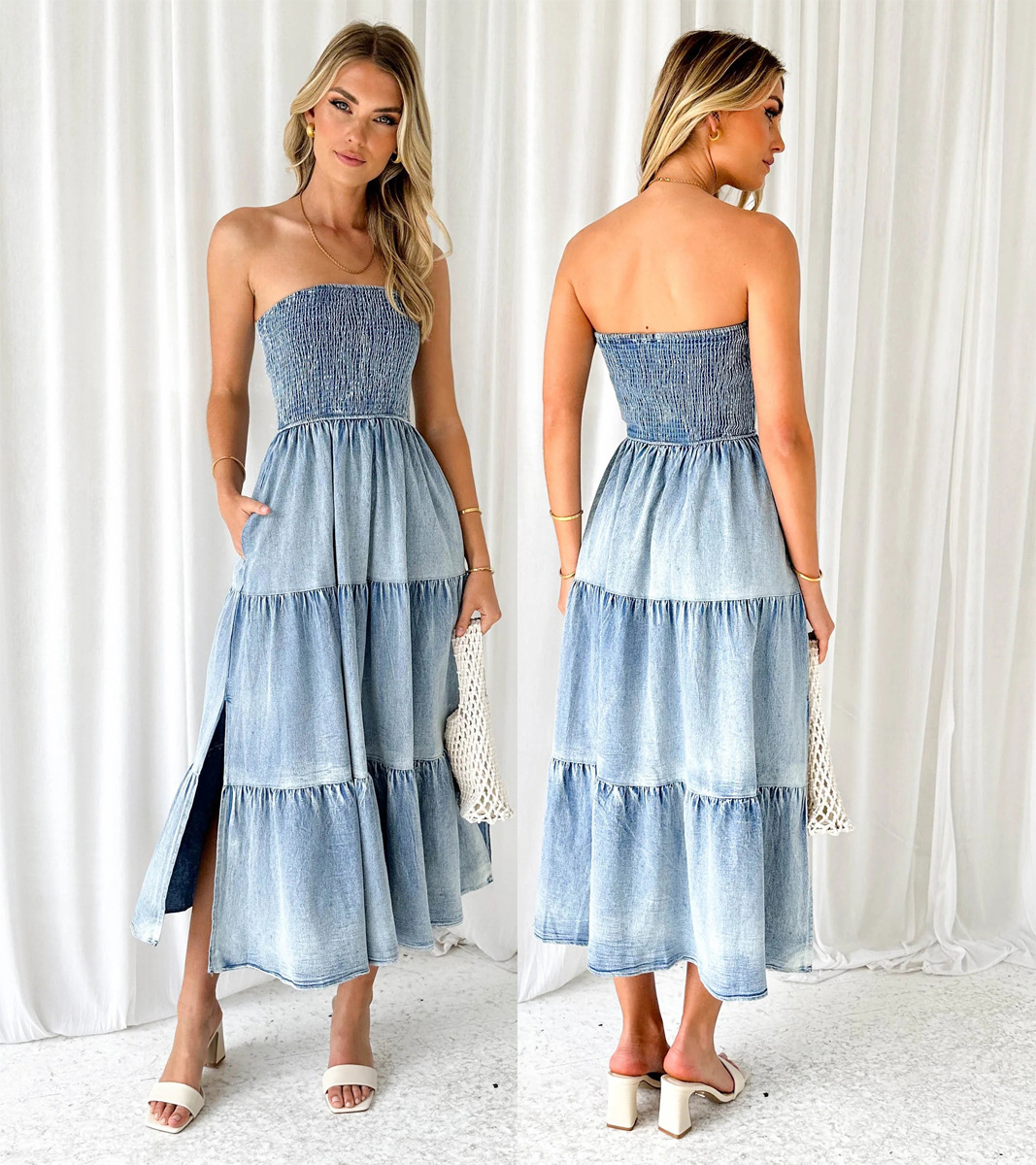 EVE | Wholesale EVE Patchwork Side Split Cake Denim Long Dress GYAN ...