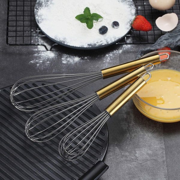 US$ 23.99 - 3 Pack Gold Handle Whisks Stainless Steel 8 +10 +12 Inches ...