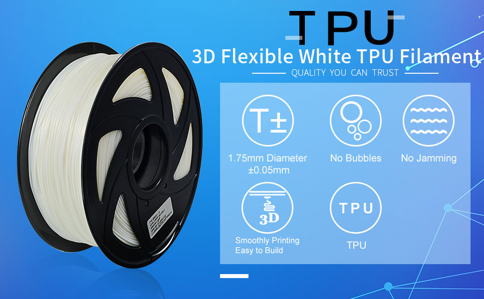 3D Flexible White TPU Filament 1.75 mm, 2.2 LBS (1KG) Material: TPU